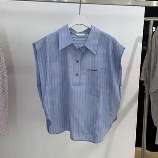 MM蓝色条纹短袖衬衫女翻领上衣