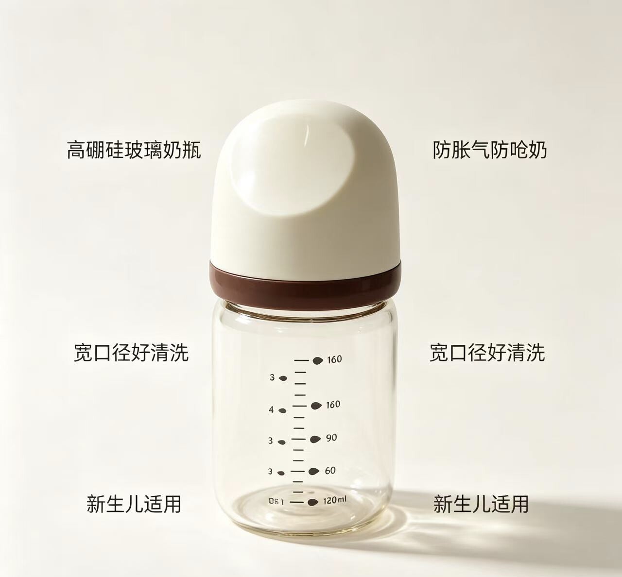 婴儿玻璃奶瓶新生儿专用宽口径防胀气奶瓶宝宝喝水喝奶耐高温160