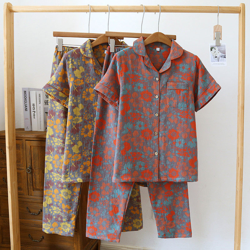 色织纯棉纱布睡衣女夏季薄款棉纱绉布宽松全棉短袖长裤家居服套装