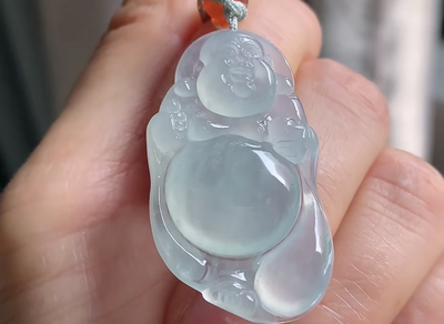 缅甸天然翡翠A货冰晴布袋佛，冰种晴水，38.8-22.3-6.5，9.39g