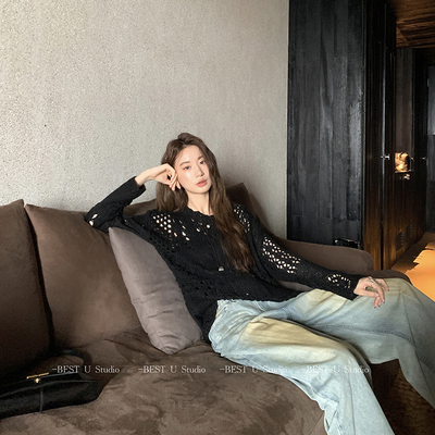 BestU慵懒风破洞镂空套头毛衣