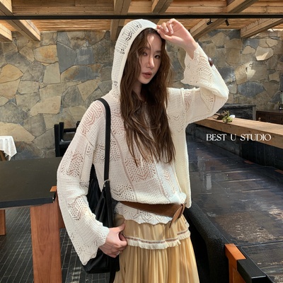 BestU设计感镂空连帽针织衫女