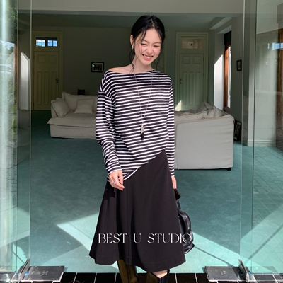 TCCW慵懒落肩条纹显瘦长袖T恤女