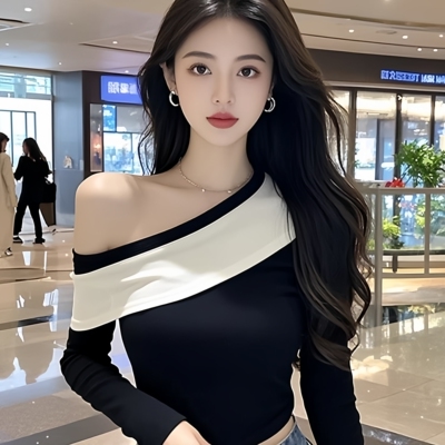 春秋新款性感辣妹斜领T恤