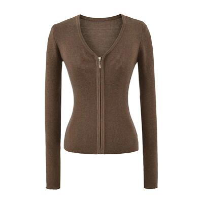 美式V领拉链显瘦针织开衫女长袖