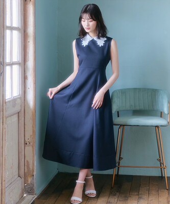 1.7+日元  纯元 出口日单 SW*****翻领刺绣收收腰 无袖连衣裙