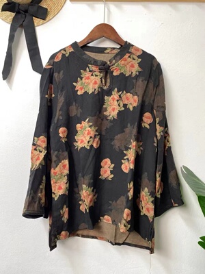 长袖苎麻复古小衫印花盘扣