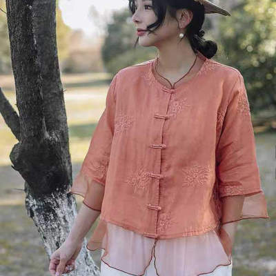 欧根纱拼接苎麻小衫减龄绣花上衣