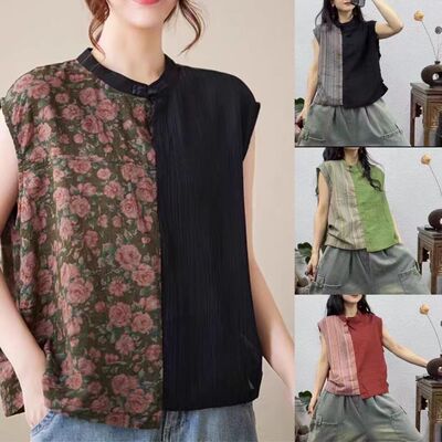 设计感撞色拼接双层棉纱无袖上衣