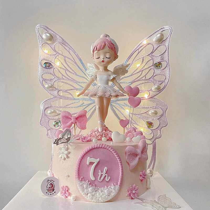 贝拉公主蛋糕装饰摆件芭蕾舞裙女孩刺绣蝴蝶带灯女生生日插件