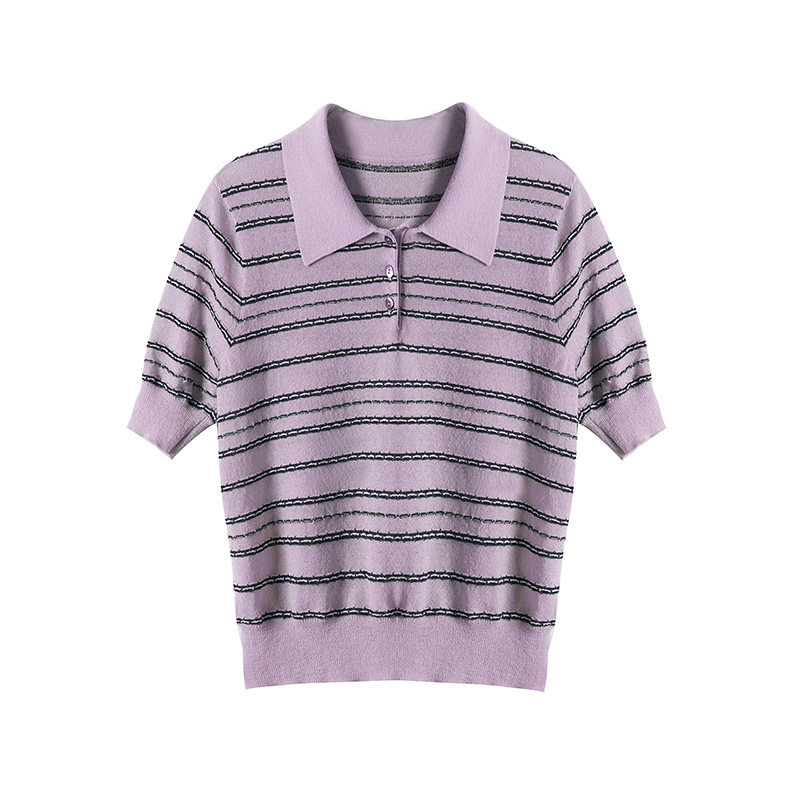 PAMIR春夏新款女POLO领亚麻棉条纹针织衫 PZ413