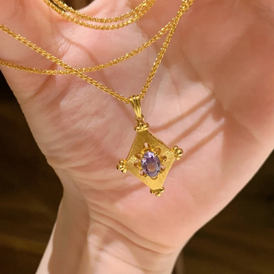 法式复古九紫离火紫钻鸢尾花拉丝吊坠中古轻奢小众时尚镶钻项链女