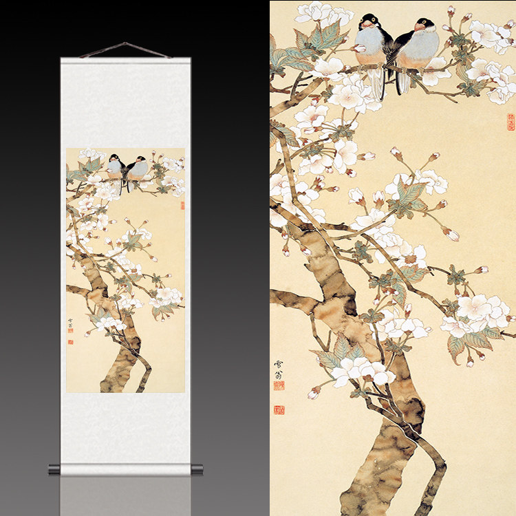 雪翁小肥鸟杏花开风水卷轴画丝绸画字画礼品国画茶楼酒店画花鸟画