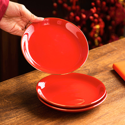 纯色陶瓷大红餐盘高温环保红色瓷盘喜庆点心盘糕点干果餐点盘酒店