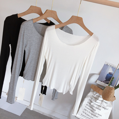 薄款纯色木耳边长袖大圆领T恤女修身韩版秋装内搭上衣打底衫显瘦