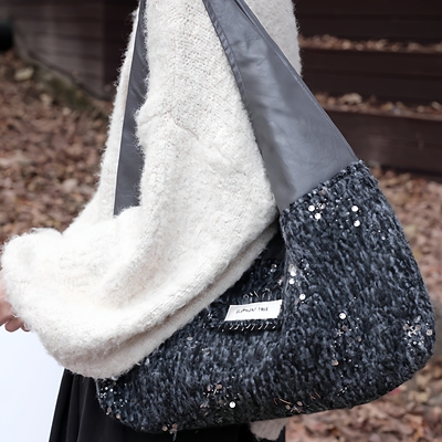 气质时髦亮片花朵灰毛呢pu单肩腋下帆布包hobo流浪包大容量包包