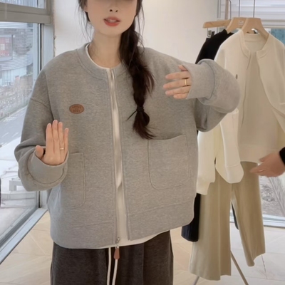 减龄开衫灰色圆领棉质卫衣棒球服韩版宽松纯色ins外套女春秋2025