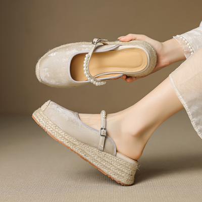 ins夏日力荐！巨好穿~新中式厚底包头拖鞋女羊皮中跟芭蕾穆勒半拖