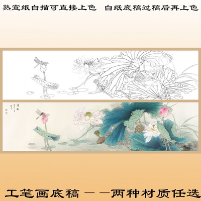 直接上色工笔画白描底稿荷塘清趣
