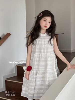 吾束wooso2026夏女童韩版花边无袖连衣裙中大童公主背心长裙33582