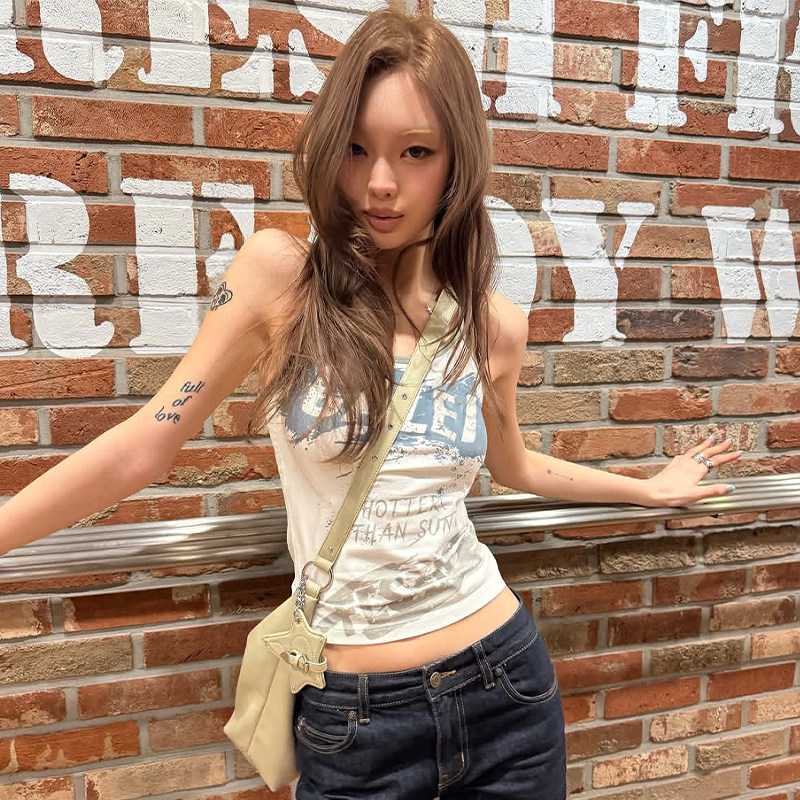 gagaopt美式复古辣妹做旧印花吊带背心女修身短款内搭无袖上衣夏