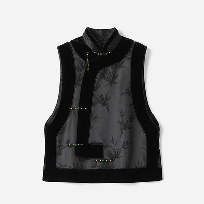 WWT08053 新中式羊毛真丝提花清风竹影丝绒拼接偏门襟马甲女