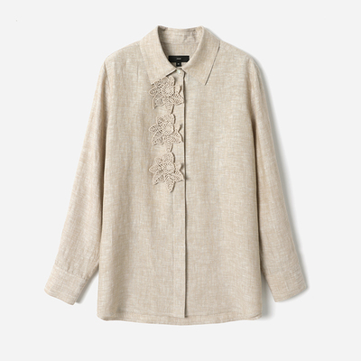 WCS09010 茉莉雅集 优雅法式意大利全亚麻翻领蕾丝花边阔型衬衫女