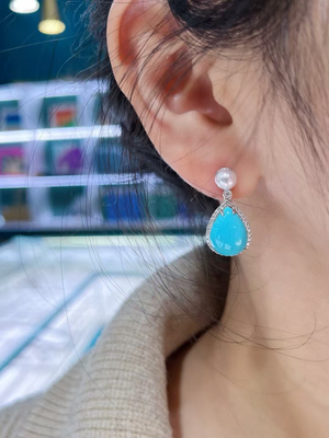 天然原矿美国睡美人蓝松石耳坠18k金钻石镶嵌尺寸14.1x10mm
