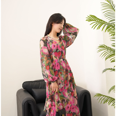100【UKKU STUDIO】长袖玫瑰庄园设计师收腰碎花连衣裙914711