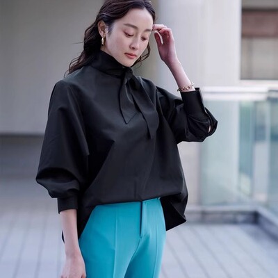 nacostyle出口日本原D复古风小高领系带百搭套头衬衣衬衫