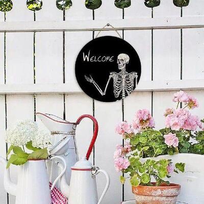 Halloween Door Sign Wooden Skull Door Pendant Handcrafted