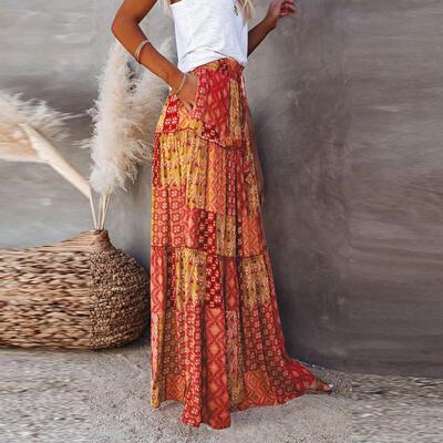 Womens Bohemian Skirts Vintage Elastic High Waist ALine