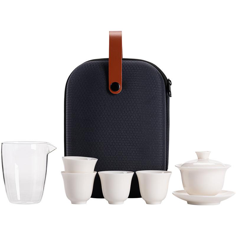 德化羊脂玉白瓷旅行茶具1盖碗4茶杯户外便携式旅行功夫茶具