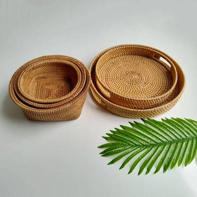 大越南藤编收纳筐托盘客厅圆形水盘零食糕点头藤编果WAL篮子馒筐