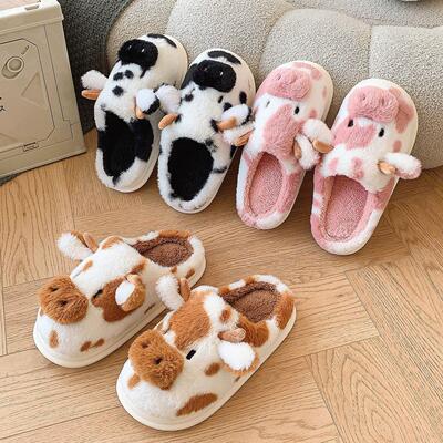 Pallene Cow Milk Fuzzy Slippers for Women Winter Cartoon Fur