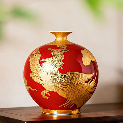 999真金高档凤凰花瓶 省大师肖建辉纯手工博古架陶瓷花瓶装饰摆件