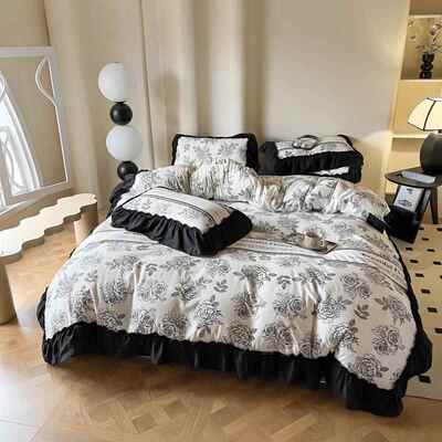 轻奢加宽13039边黑色花包边水洗四件套棉.5床单被套三件套宿舍1.8