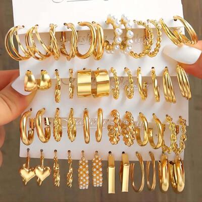 Gold Color Pearl Hoop Earrings Set Metal Dangle Earrings Vin