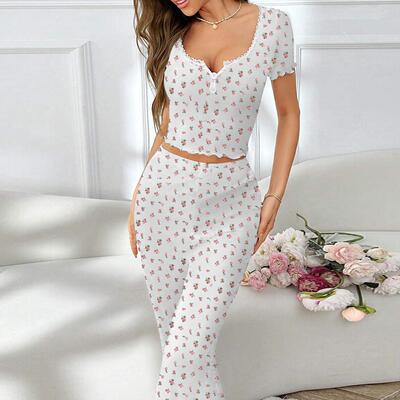 Pajamas floral prints lettuce rolls long pants set women