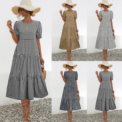 Polk grid patchwork dress long skirt
