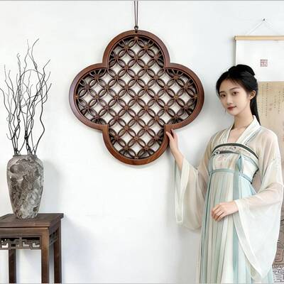 东阳木雕挂件宋式美学实木花窗中式复古侘寂风装饰海棠花镂空定制