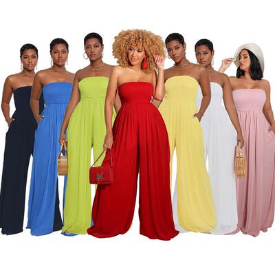 Women's Strapless Summer Jumpsuit Loose Off Shoulder Smocked
