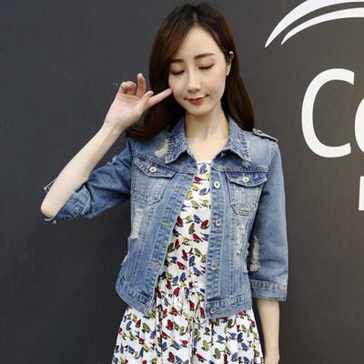 Women‘s 3/4 Sleeve Retro Short Denim Jackets Fashion Casual
