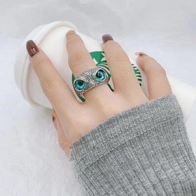 1pcs Adjustable Blue Eyes Owl Ring Silver Color for Cute Men