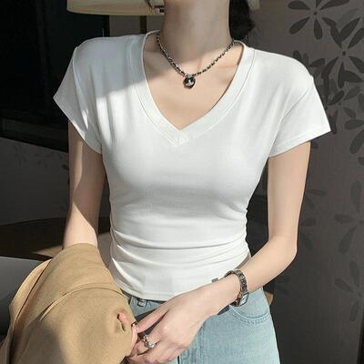 Women Plain V Neck Tee Casual Sleeve Shirt Summer Ladies