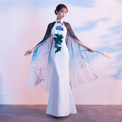 正品204新款款秋冬季修身改2良走鱼尾旗袍裙长舞台秀表演出服装仙