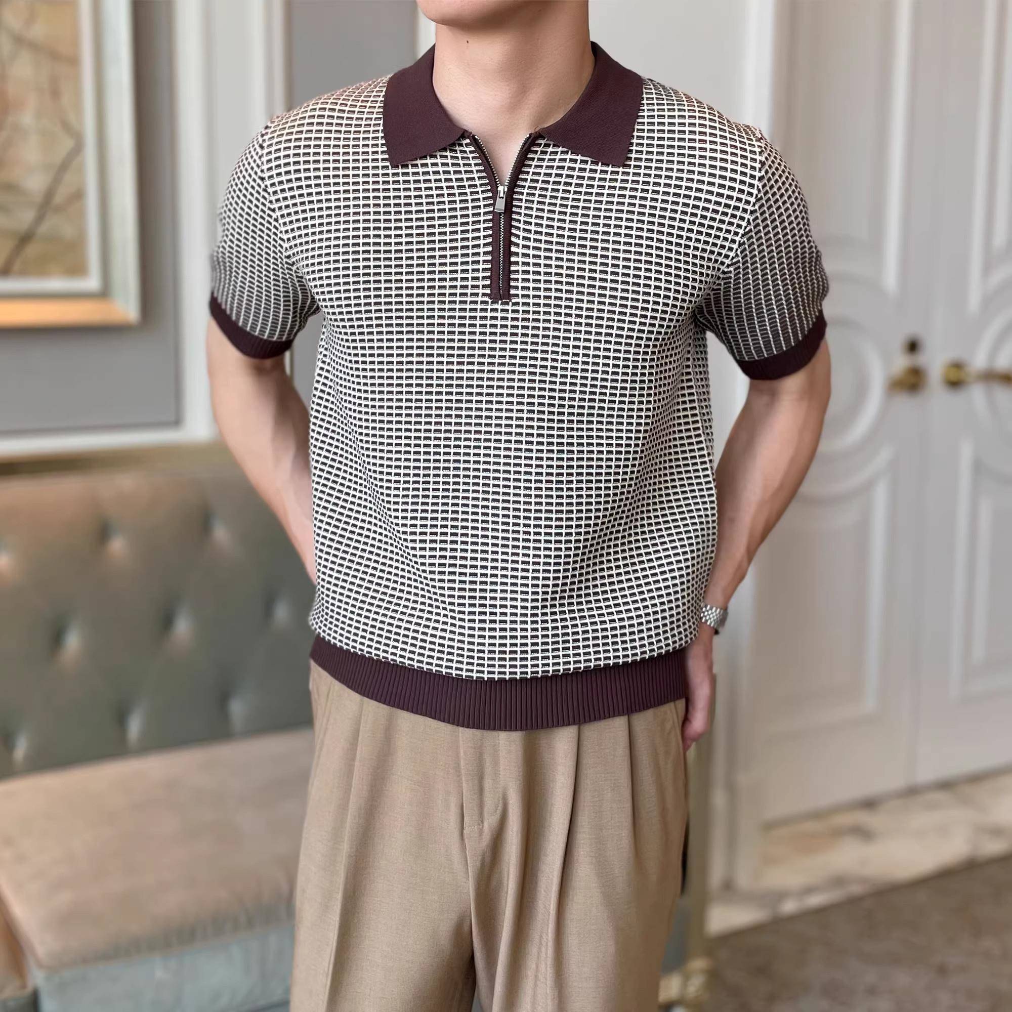 原棉部落 拉链polo衫夏季男士冰丝凉感休闲复古华夫格撞色短袖T恤