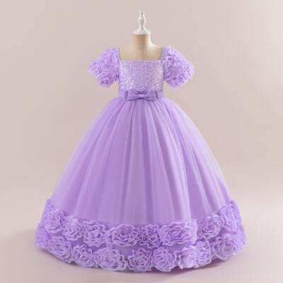 girls floral appliques bow belt contrast mesh sequin zipper