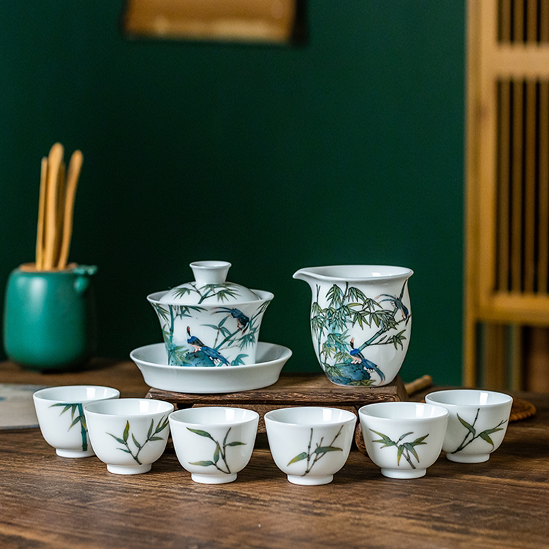 竹报平安功夫茶具釉下彩大师纯手绘陶瓷盖碗三才泡茶碗公道杯高档