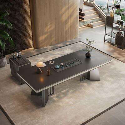 新中式岩板家茶桌椅组合意黑式高端办公室CXY用烧水哑一体光纯泡